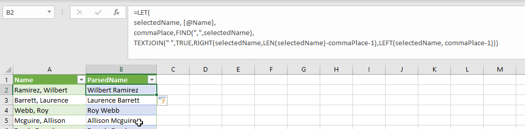 LET Function in Excel: A Name Parsing Example - Macrordinary
